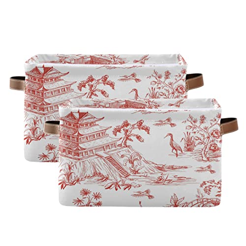 Kigai 2 Pack Storage Basket Chinoiserie Style Foldable Storage Box Laundry Hamper with Handle Toy Storage Bin for Home Closet Office Shelf