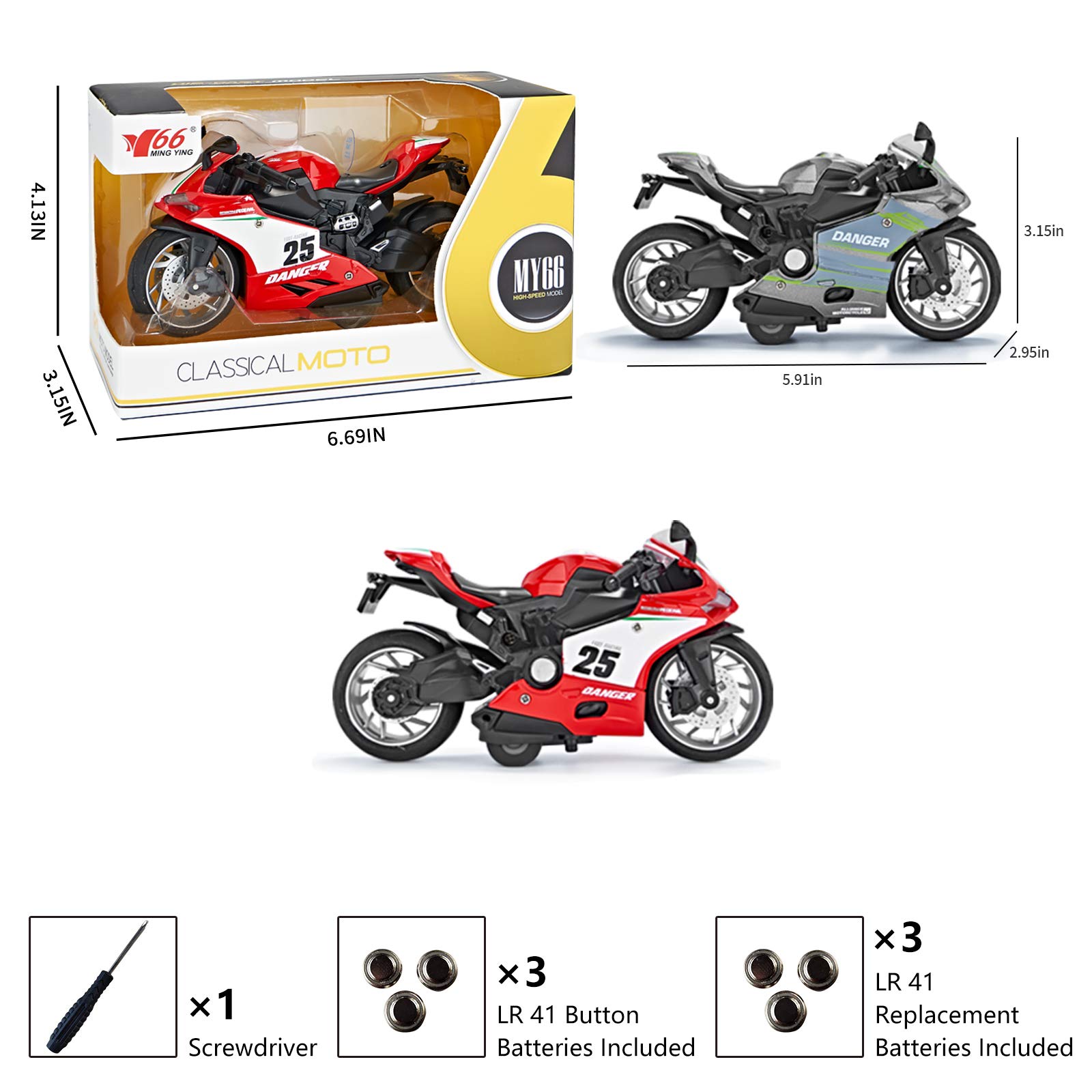 MING YING 66 Pull Back Motorcycle Model - 1:12 Scale Toy Motorcycle,Motorcycle Toy with Light and Music Gift for Children Boys and Girls (Red)