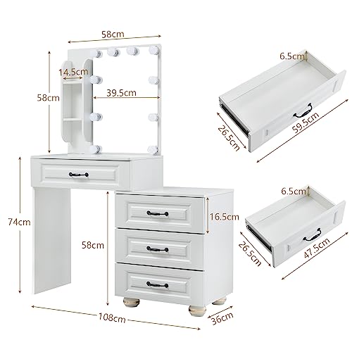 JBLCC Makeup Vanity Table with Lighted Mirror,Makeup Vanity with Power Outlet and Drawers, Storage Shelves, Vanity Desk for Woman Girls, White (5951USB)
