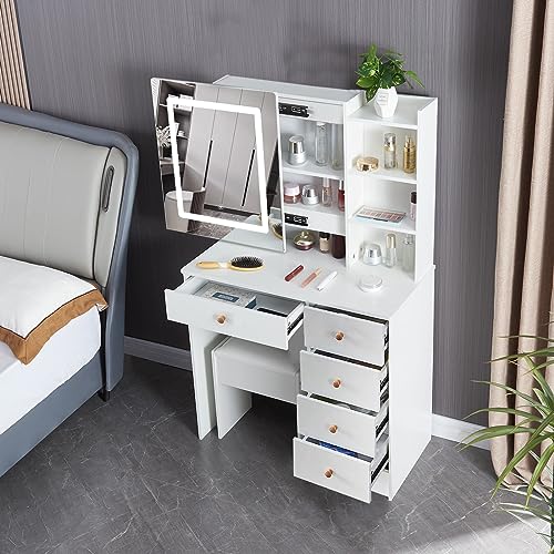 JBLCC Vanity Desk with Mirror and Lights,Makeup Vanity with Sliding Mirror, Makeup Table Set with Storage Shelves, Drawers, Modern Vanity Table for Bedroom (62706led)