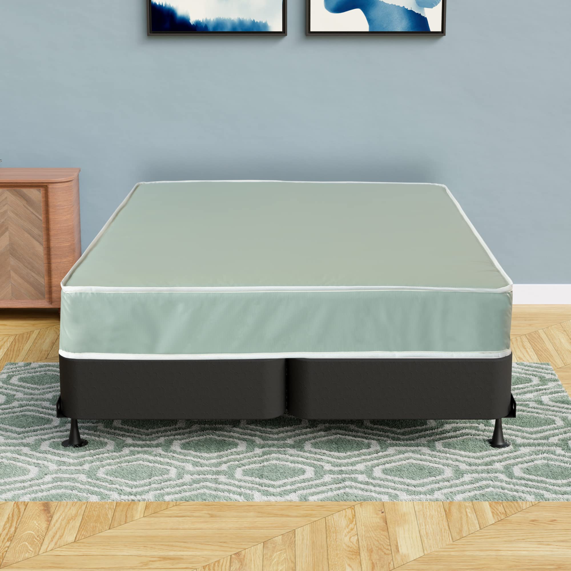 Treaton Pressure Relieving & Cooling High Density Foam Full Mattress - 8-inch Water Proof Vinyl Medium Firm Tight Top Pocketed Coil Rolled Hybrid Mattres with 4” Wood Box Spring, Bed in Box, Green
