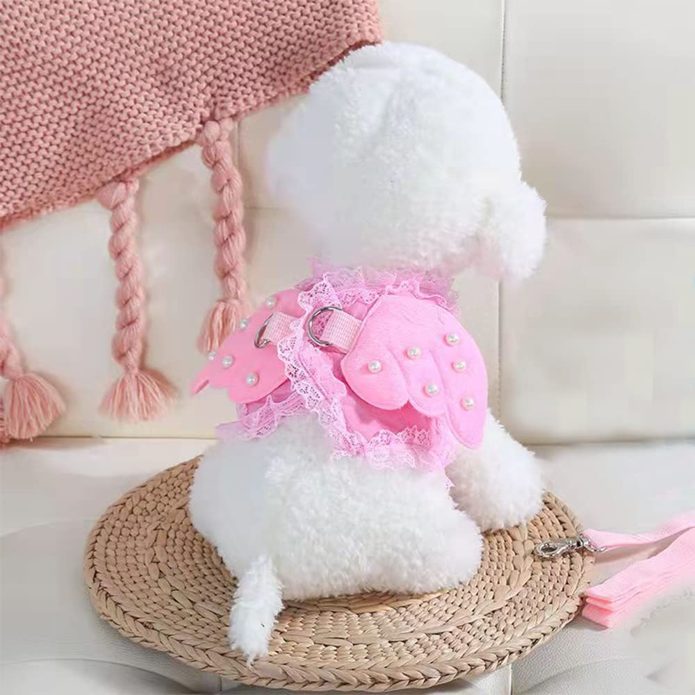 Pink Cute Adorable Pet Cat Dog Harness and Leash Set with Lace Artificial Pearl Angel Wing (Small)