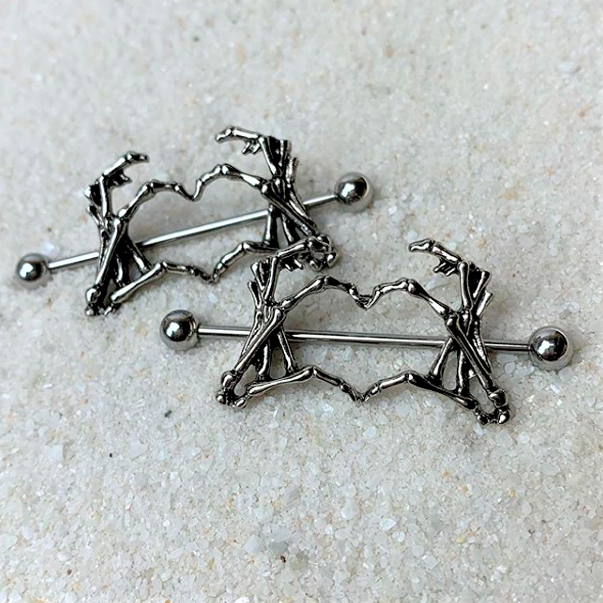 Body Candy Nipplerings Piercing Women 14G 1 1/2" Stainless Steel Skeleton Heart 2Pc Dangle Nipple Ring Set 38mm