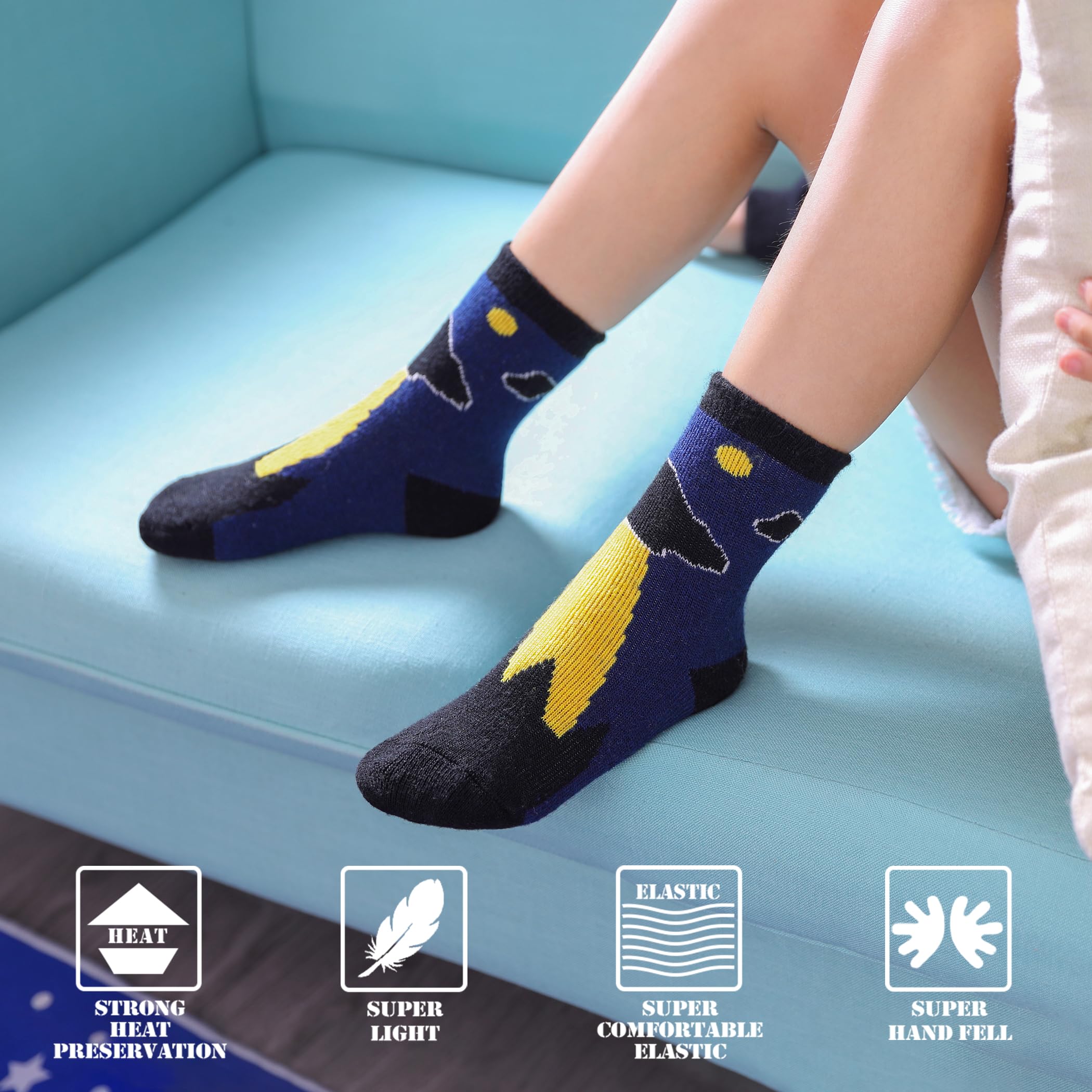 FNOVCO Kids Wool Socks Toddler Warm Thick Wool Hiking Thermal Cozy Boot Crew Socks for Boys Girls 6-Pack (8-12 Years, Outer Space)