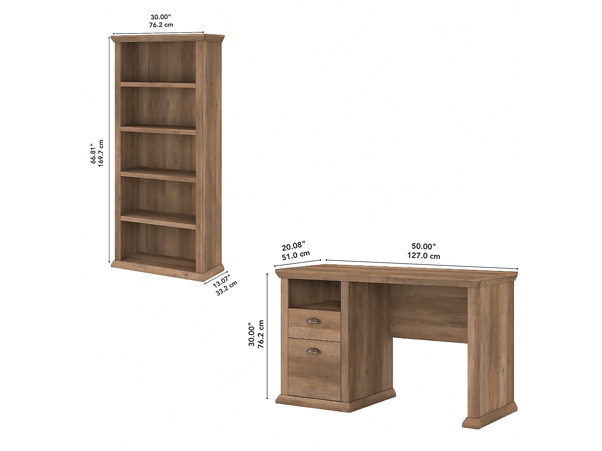 Bush Furniture Yorktown Home Office Desk with 5 Shelf Bookcase, 50W, Reclaimed Pine