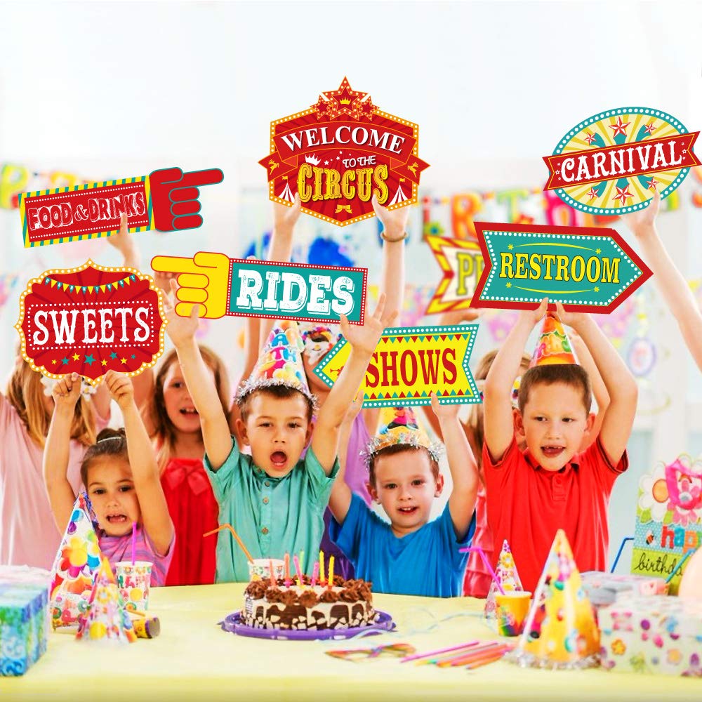KATUMO Carnival Decorations, 11 Pcs Large Circus Carnival Signs Circus Theme Party Signs Carnival Party Supply Decor Paper Cutouts with Glue Point Dots and 2 Ropes