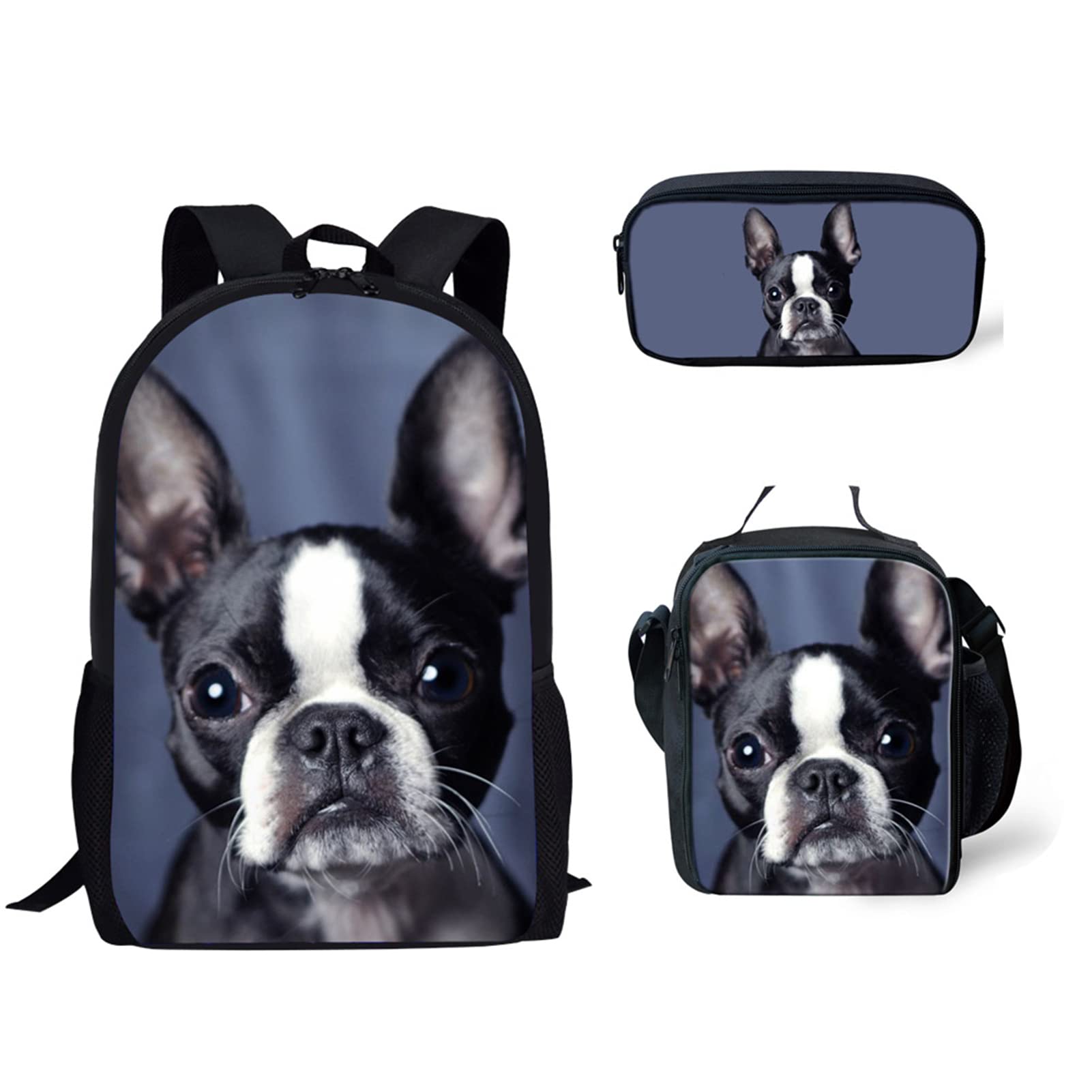 Bulopur Boston Terrier Dog School Bags 3 Pcs Set for Teenager Boys Girls, 3D Puppy Daypack Lunch Box Pencil Bag for Middle School, Steel Blue Book Laptop Backpack