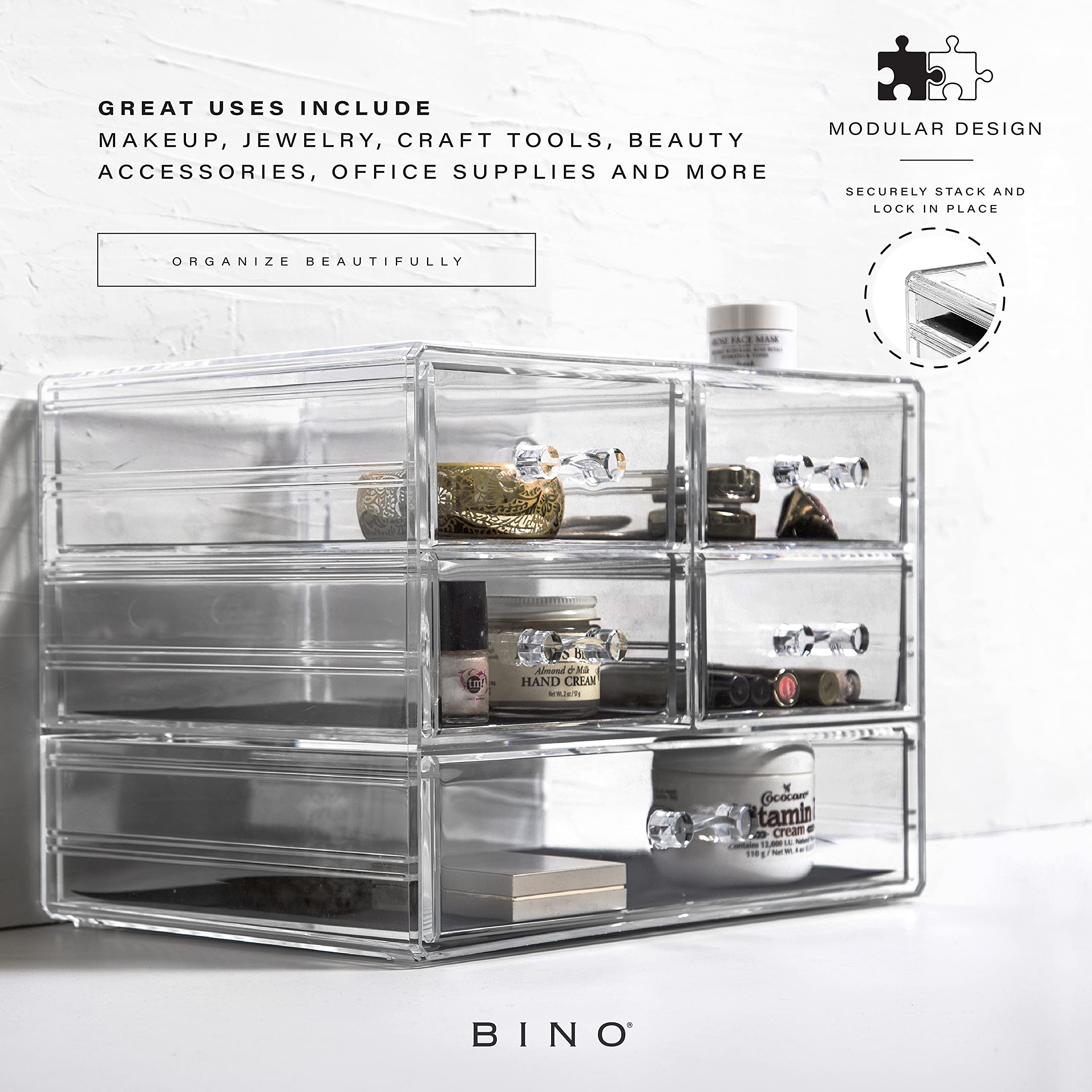 BINO | 5 Drawer Makeup Organizer - Houston | THE MANHATTAN SERIES | Makeup Drawer Organizer | Makeup Storage | Cosmetic Organizer | Vanity Organizer | Clear Makeup Organizers And Storage Cases