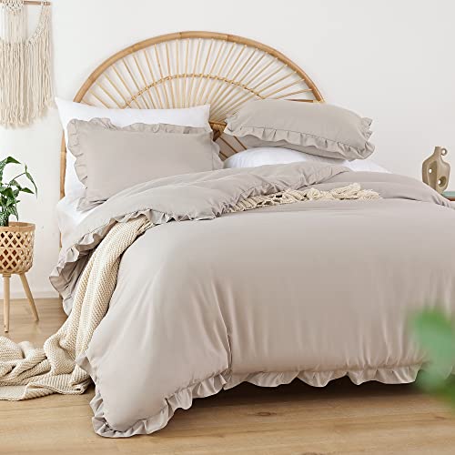 JANZAA Vintage Bedding Set Soft Shabby Chic Fluffy All Season Queen Oatmeal Comforter Set 3PCS(1 Ruffled Comforter Set and 2 Pillowcases)