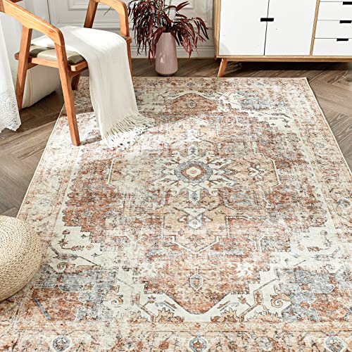 jinchan Persian Vintage Area Rug 5x7 Indoor Floor Cover Print Distressed Carpet Brick Red Multi Thin Rug Chenille Mat Foldable Accent Rug Lightweight Kitchen Living Room Bedroom Dining Room