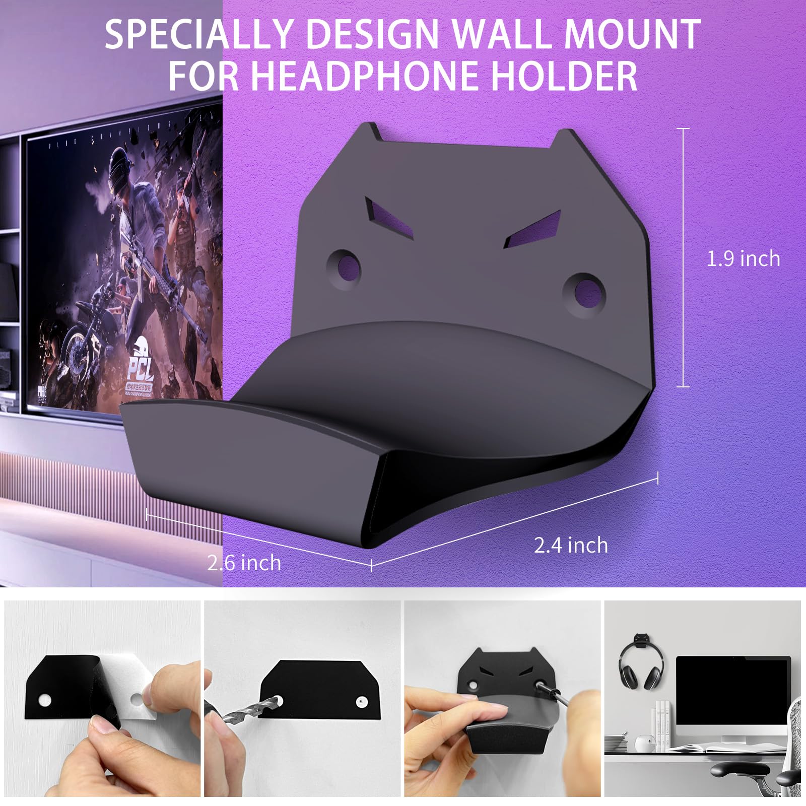 BracNova Headphone Hanger Holder Wall Mount-Steel Storage Stand Hook for Universal VR Headset and Controller(Black Headphone Hook with Premium Silicone Cradle)