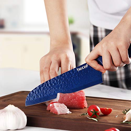 hecef Galaxy Blue Kitchen Knife Set of 5, Non-slip Metallic Ceramic Coated Chef Knife Set, Hammered Blade with Plastic Handle and Protective Blade Sheath