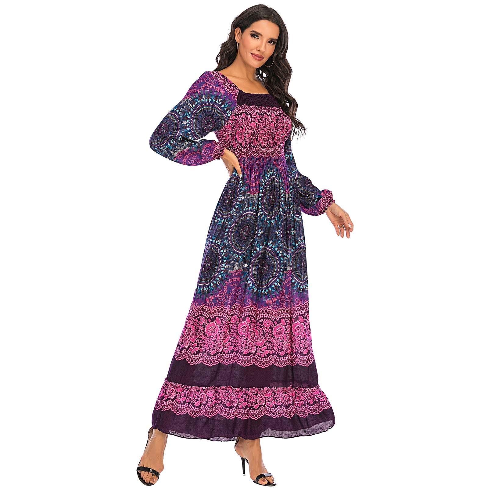 Padaleks Dresses for Women Spring Summer Trendy Ladies Casual Boho Maxi Dress Long Sleeve One Shoulder Sundress Hot Pink