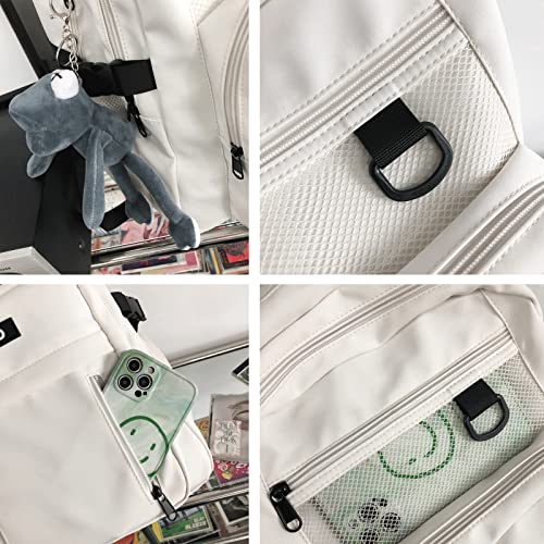 JARKJARD Cute Aesthetic Backpack Kawaii Backpack for School with Cute Pendant Casual Daypack Middle Student Travel College Bookbag for Girls Large Capacity(White)