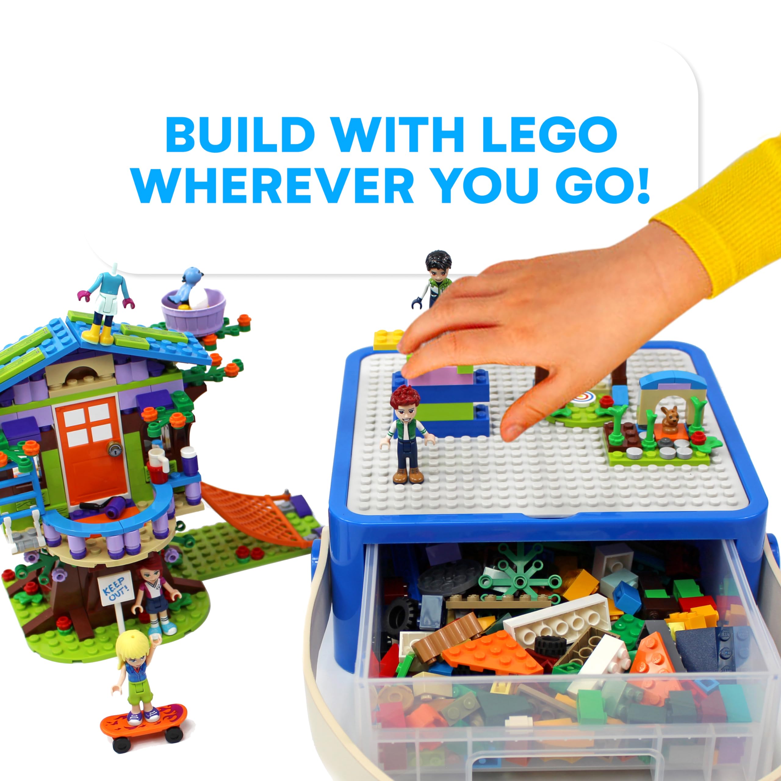 Bins & Things Lego Storage, Bin Box Organizer - Kids Toy Storage Containers - Small Brick Shaped Tub Organizer for Legos, Barbie Dolls and Hot Wheels - Anti-Lego Mess Organizer (Blue & White)