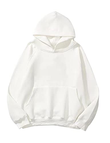 JEIBKOUY Women Men Solid Loose Basic Hoodies Fleece Long Sleeve Unisex Pullover Oversized Sweatshirt White