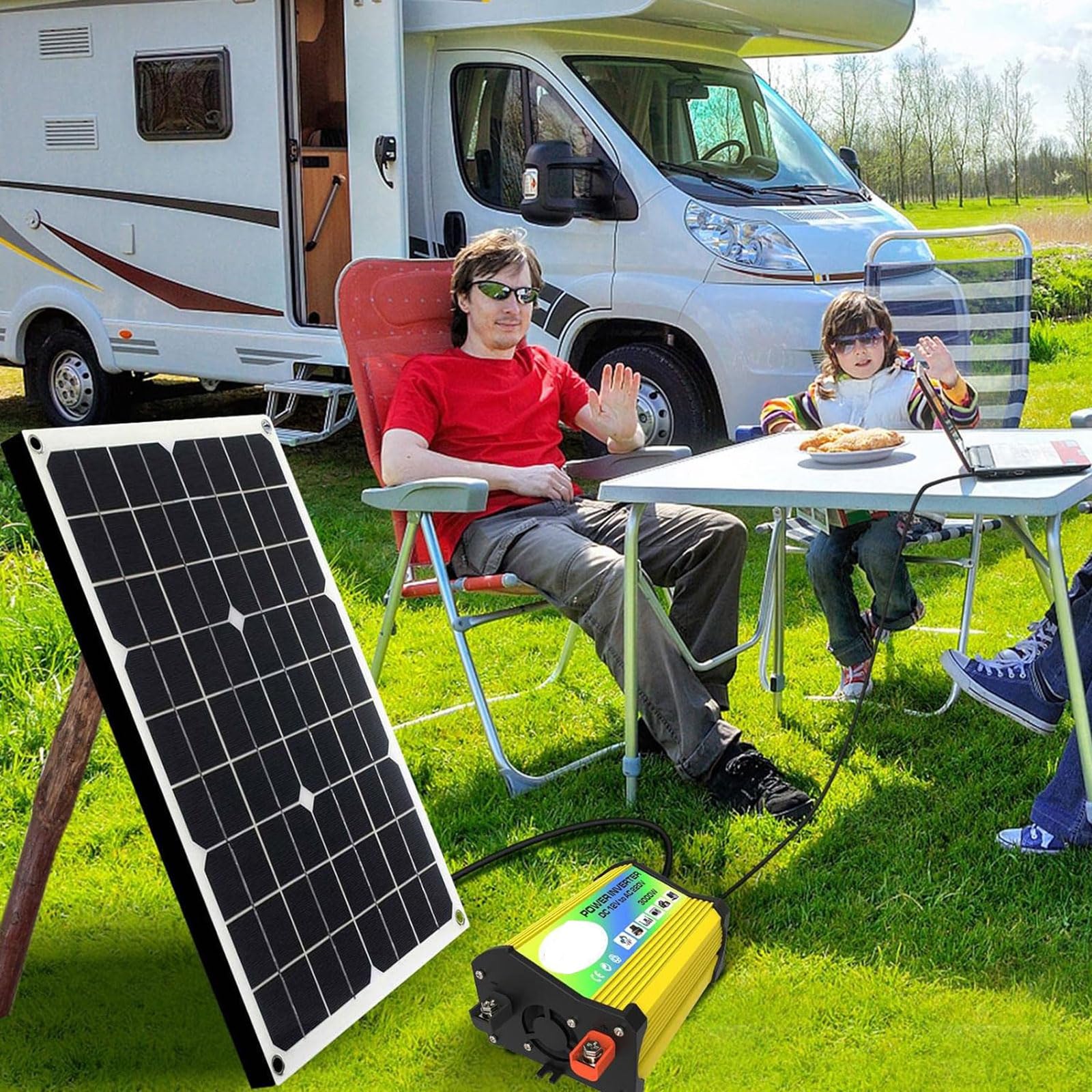 CANEVE Complete Solar Panel Kit, 18W Waterproof Solar Panel and 4000W Solar Inverter, 12V Solar 30A Controller with 2 USB Ports and LED Display for Home RV Boat Portable Car Charger,Black