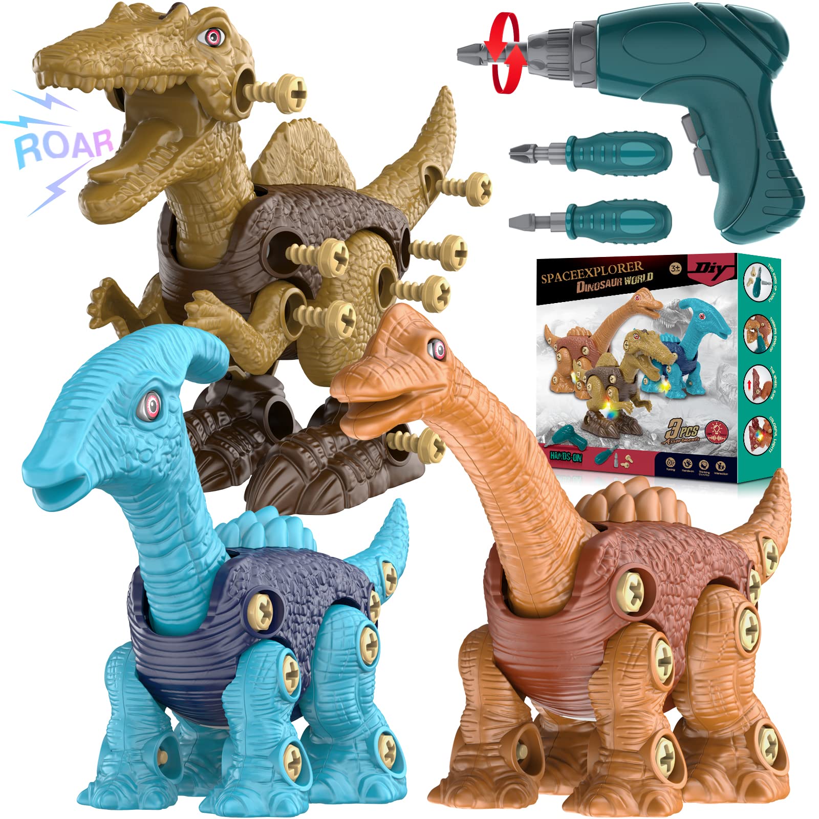 Take Apart Dinosaur Toys for Kids with Sound & Light & Wheel, Dinosaur Toy for 4 5 6 7 8 Year Old Boys,STEM Educational Construction Building Toy with Electric Drill Birthday Gift for Boy Girls