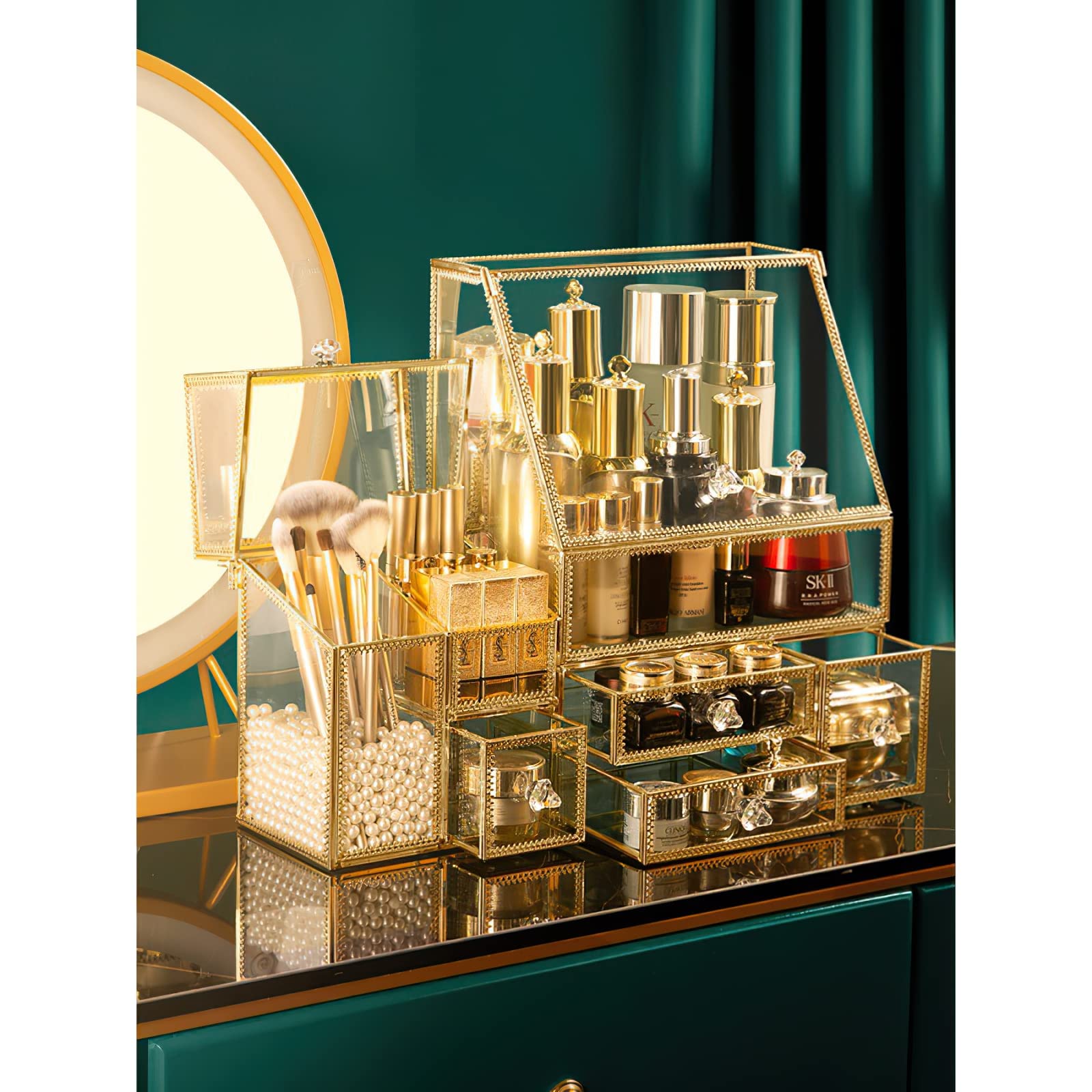 CONHENCI Large Glass Makeup Organizer Drawer Set Beauty Storage Bathroom Counter Organizer Cosmetic Display (11.5inx8.5inx5.5in)