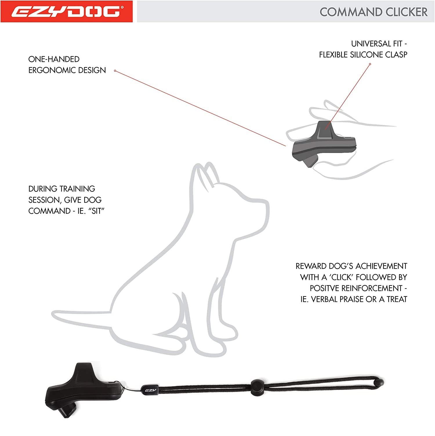 EzyDog Command Clicker Ergonomic Dog Training Tool with Wrist Strap - Hands Free & Universal Fitting System for Fingers Trains Effectively & Humanely with Positive Reinforcement (Black)
