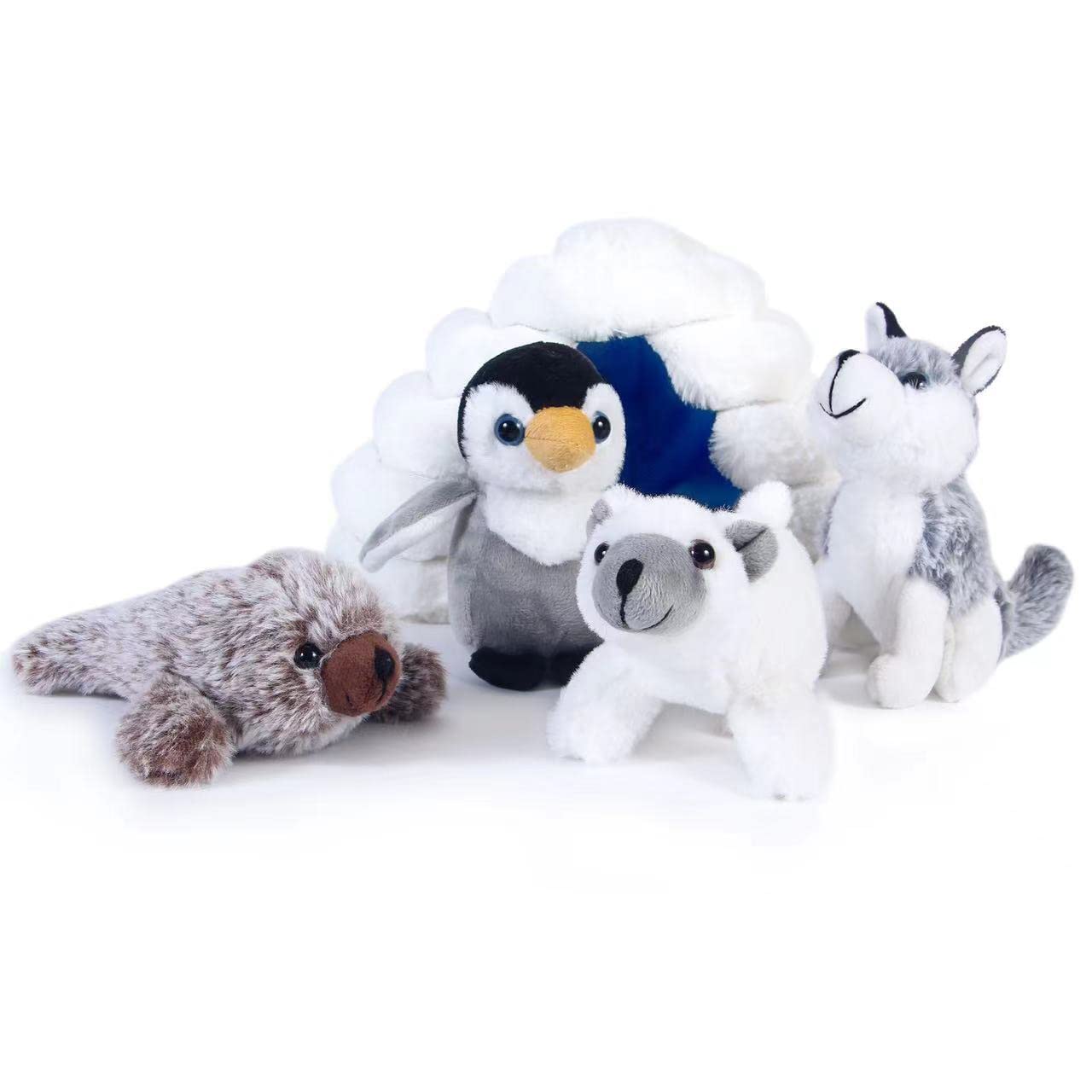 Nleio Stuffed Animals Set, 5 Piece Baby Stuffed Animals with Plush Igloo, Including Seal/Husky/Polar Bear/Penguin Stuffed Animal, Plush Toys Set Ideal Gift for Kids Babies Toddlers