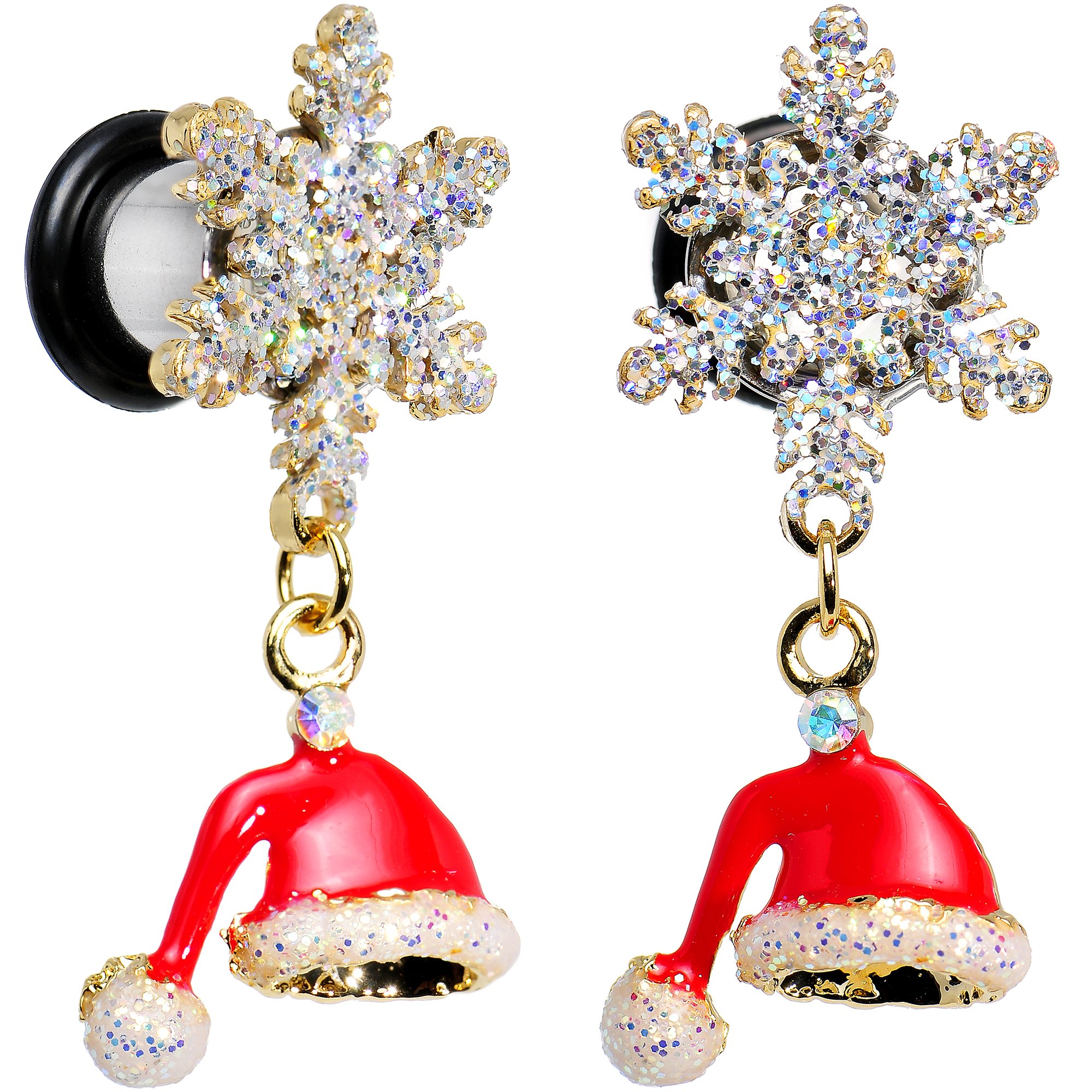 Body Candy Steel Clear Accent Snowflake Santa Hat Christmas Single Flare Dangle Ear Gauge Plug Set 0 Gauge