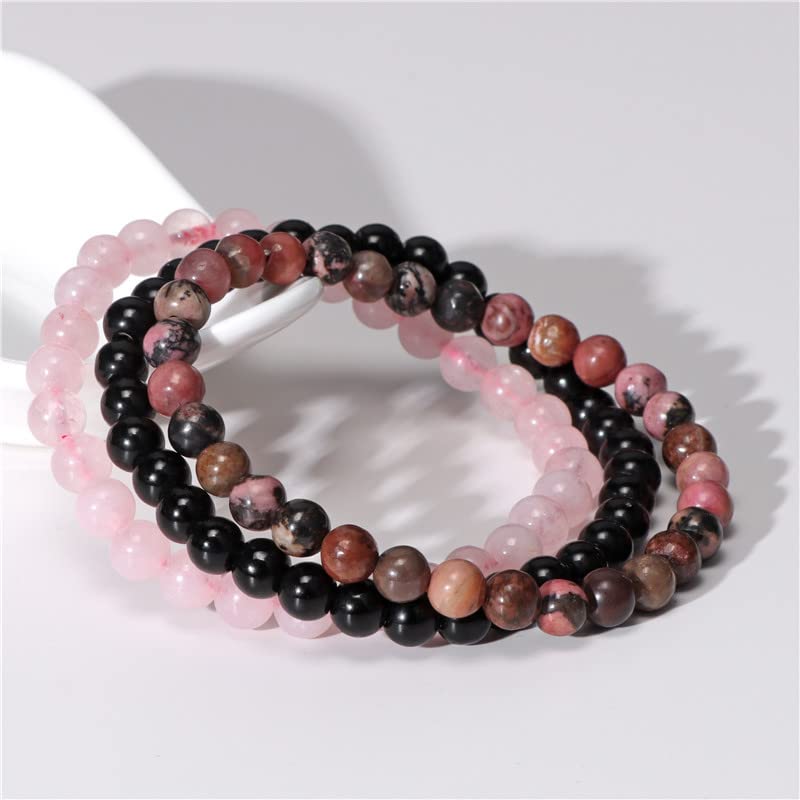 Caiyao 3Pcs 8mm Natural Semi-Precious Gemstones Beaded Bracelets for Women Men Healing Energy Crystal Reiki Stone Bracelet Stretch Round Beaded Elastic-Pink