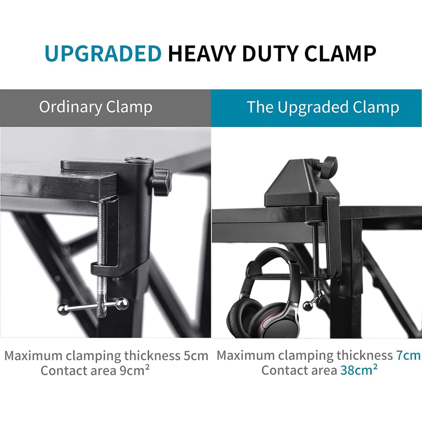 novonest Heavy-duty Metal Table Mounting Clamp,Black Large-area Contact Base for Microphone Suspension Boom Scissor Arm Stand Holder,Max Clamping Thickness 2.75"/70mm,with Headset Hook Hanger,NB35-B