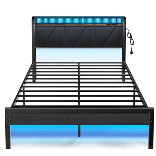 Furnulem Queen Size Bed Frame with LED Lights,Upholstered Storage Headboard with Charging Station and USB Port, Platform Bedframe Queen No Box Spring Needed, Noise Free