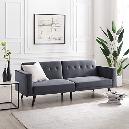 Hbaid 85.43" Velvet Sofa Bed, Grey Couch Convertible Sleeper Sofa with Tapered Wood Legs and Armrest, Modern Loveseat Couches for Living Room, Bedroom