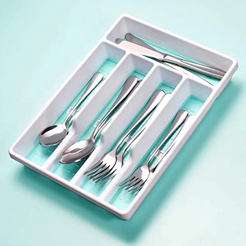 Joequality Silverware Organizer with Icons,Plastic Cutlery silverware Tray for Drawer,Utensil Flatware Tableware Organizer for Kitchen with Non-slip TPR,Fits Standard Drawer,5-Compartment,Mint