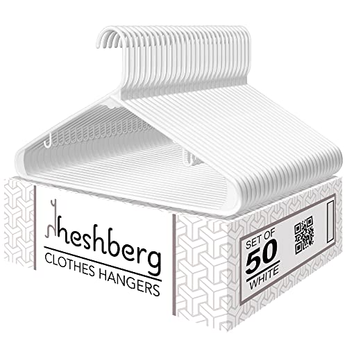 Heshberg Plastic Hooks Hangers Space Saving Tubular Clothes Hangers Standard Size Ideal for Everyday Use on Shirts, Coats, Pants, Dress, Skirts, Etc. (50 Pack) (White)