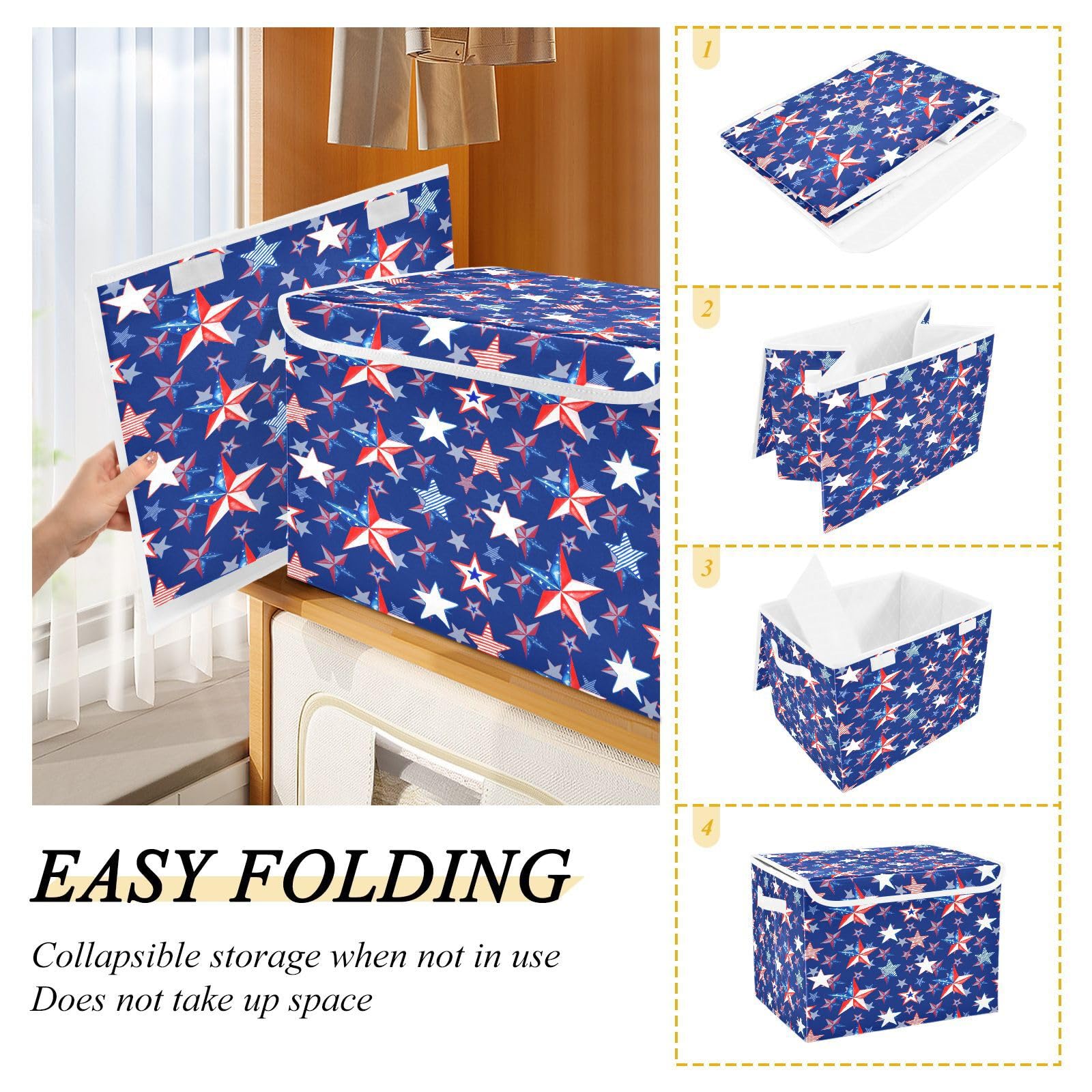 DIGTIA American July 4th Storage Bins with Lids Large Usa Flag Stars Storage Basket with Handles Foldable Fabric Storage Box Organizer for Clothes Toys Closet Cabinet Home Office Bedroom