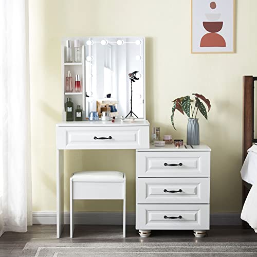 JBLCC Makeup Vanity Table with Lighted Mirror,Makeup Vanity with Lights and Drawers, Storage Shelves, Vanity Desk for Woman Girls, White (5951)