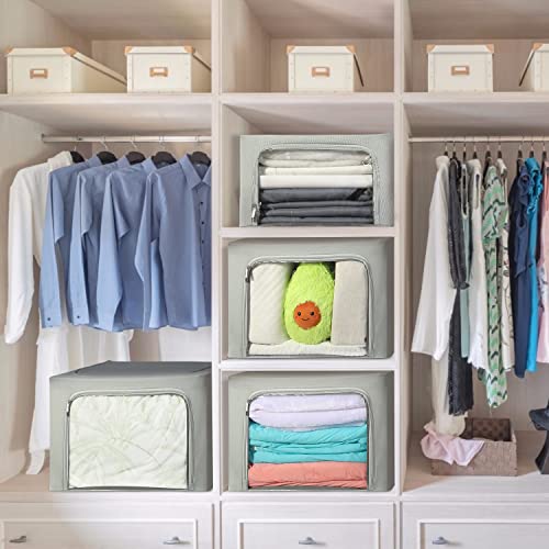 HOUSE AGAIN 3Pcs Clothes Storage Bins, Stackable Shelf Bags/Boxes, Closet Organizers and Storage, Metal Frame Clear Front and Durable Zipper, Bedding, Blankets, Grey(36L)