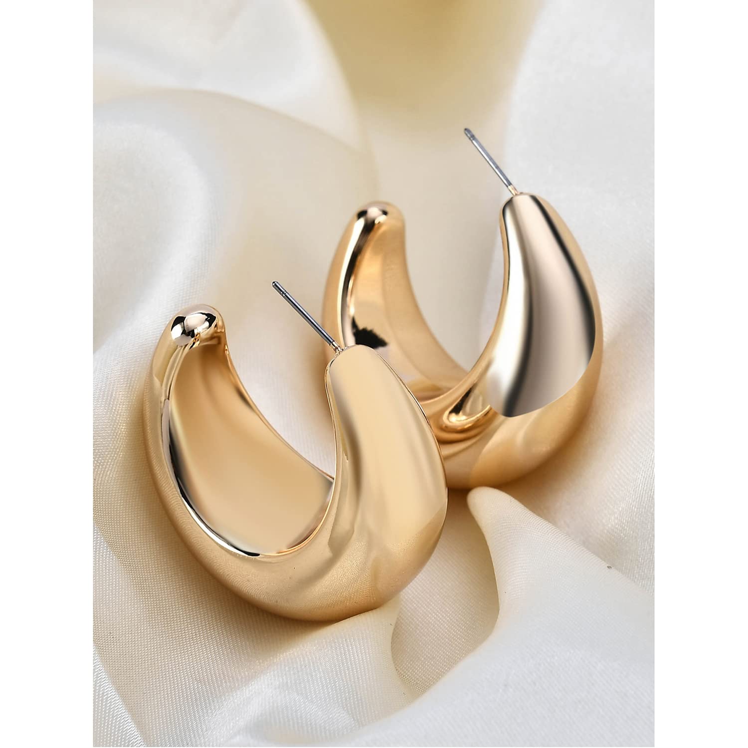 Chunky Gold Stud Half Hoop Earrings for Women Post Thick Huggie Earrings 18K Gold Stud Half Open Earrings Hypoallergenic Jewelry (Gold)