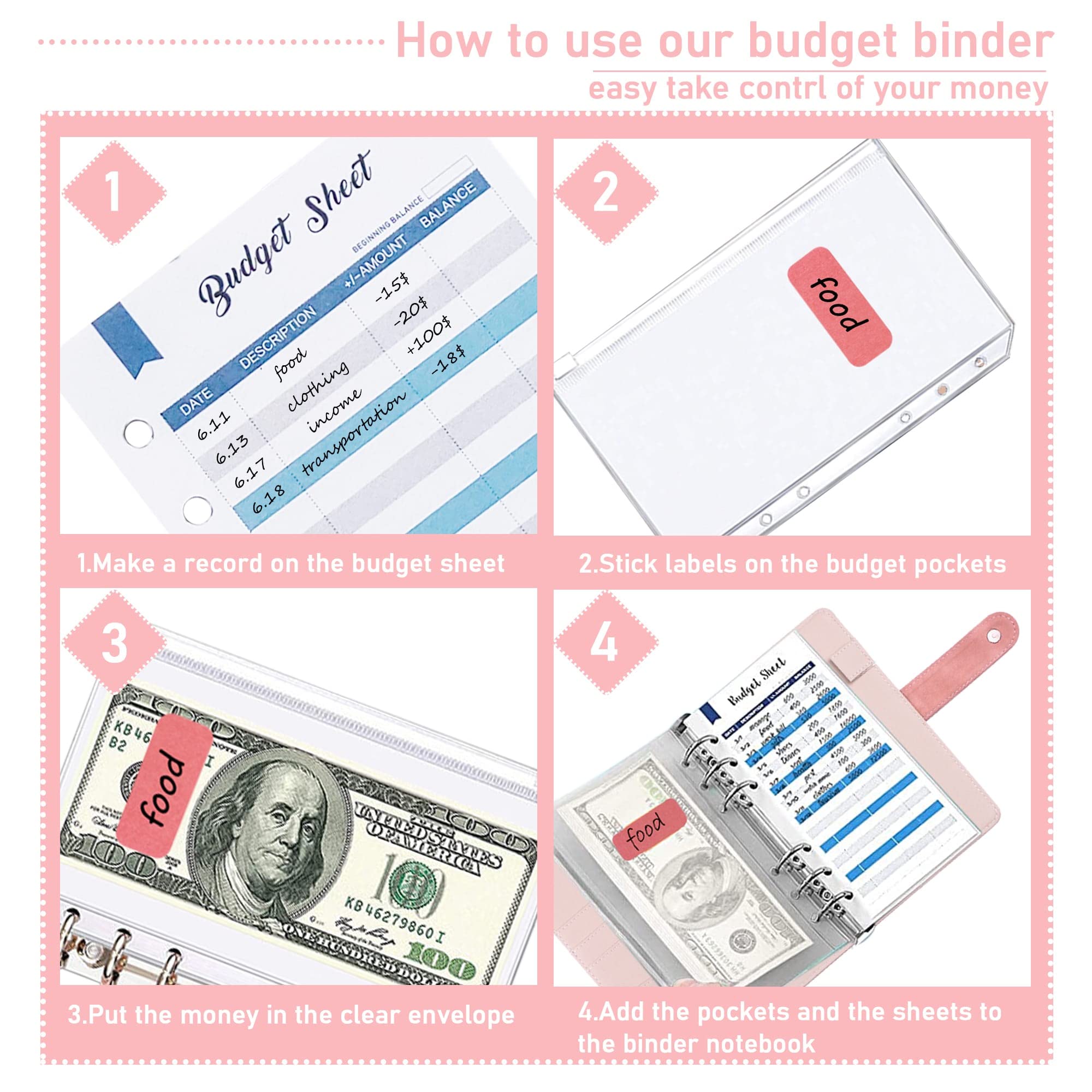 Budget Binder with Cash Envelopes for Budgeting, PU Leather Money Organizer Binder, 6 Ring Cash Binder with 12PCS Clear Zipper Envelopes, 12PCS Budget Sheets, 21PCS Color Labels, A6, Pink