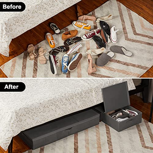 HOUSE AGAIN Under Bed Shoe Storage Organizer with Lid, Foldable Shoes Storage Bin Set of 2, Stackable Underbed Storage Containers with 2 Handles, Fits Total 22 Pairs, Dark Grey