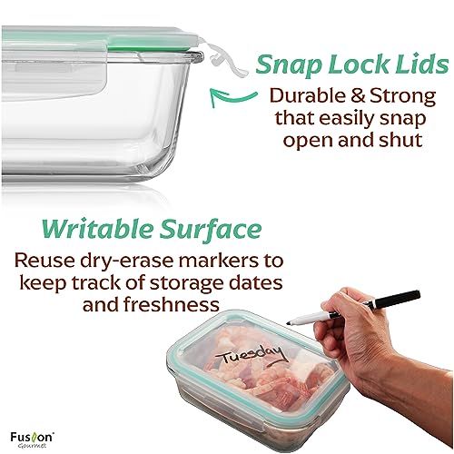 Fusion Gourmet Nestable Divided Glass Meal Prep Containers, 2 Compartment with Condiment container [4x 4 cup & 4x 1/2 cup] Airtight, Leak proof, Microwave Safe for Portion Control (Green)