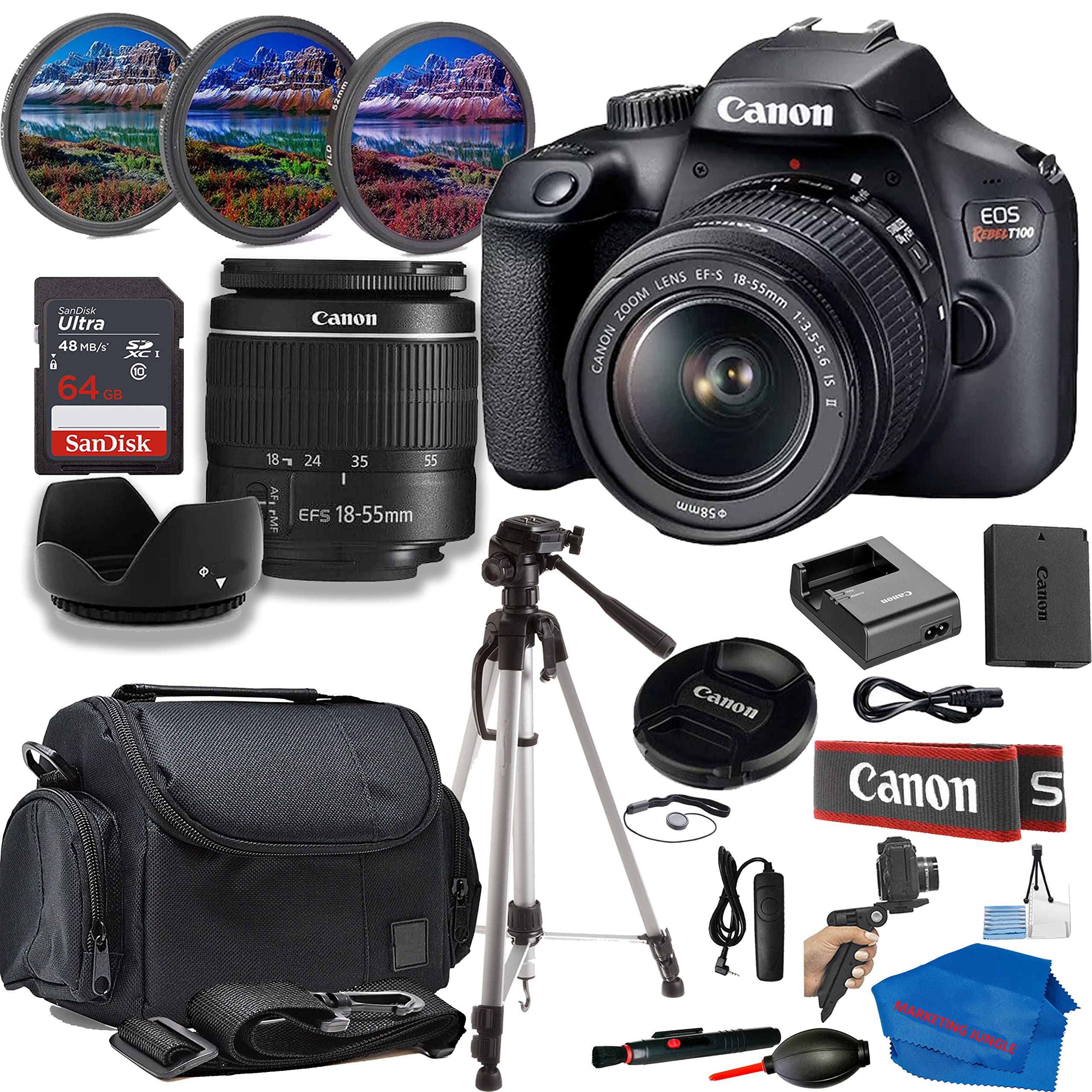 Canon Rebel T100/EOS 4000D Bundle: Includes 18-55mm is II Lens, Tripod, 64GB Memory Card, Carry Case, and 3-Piece Filter Kit for Stunning Photos and Videos