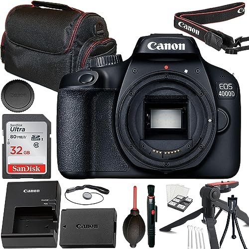 Canon EOS 4000D / Rebel T100 DSLR Camera (Body Only) + 32GB Memory Card + Tripod + Case + Cleaning Kit & More