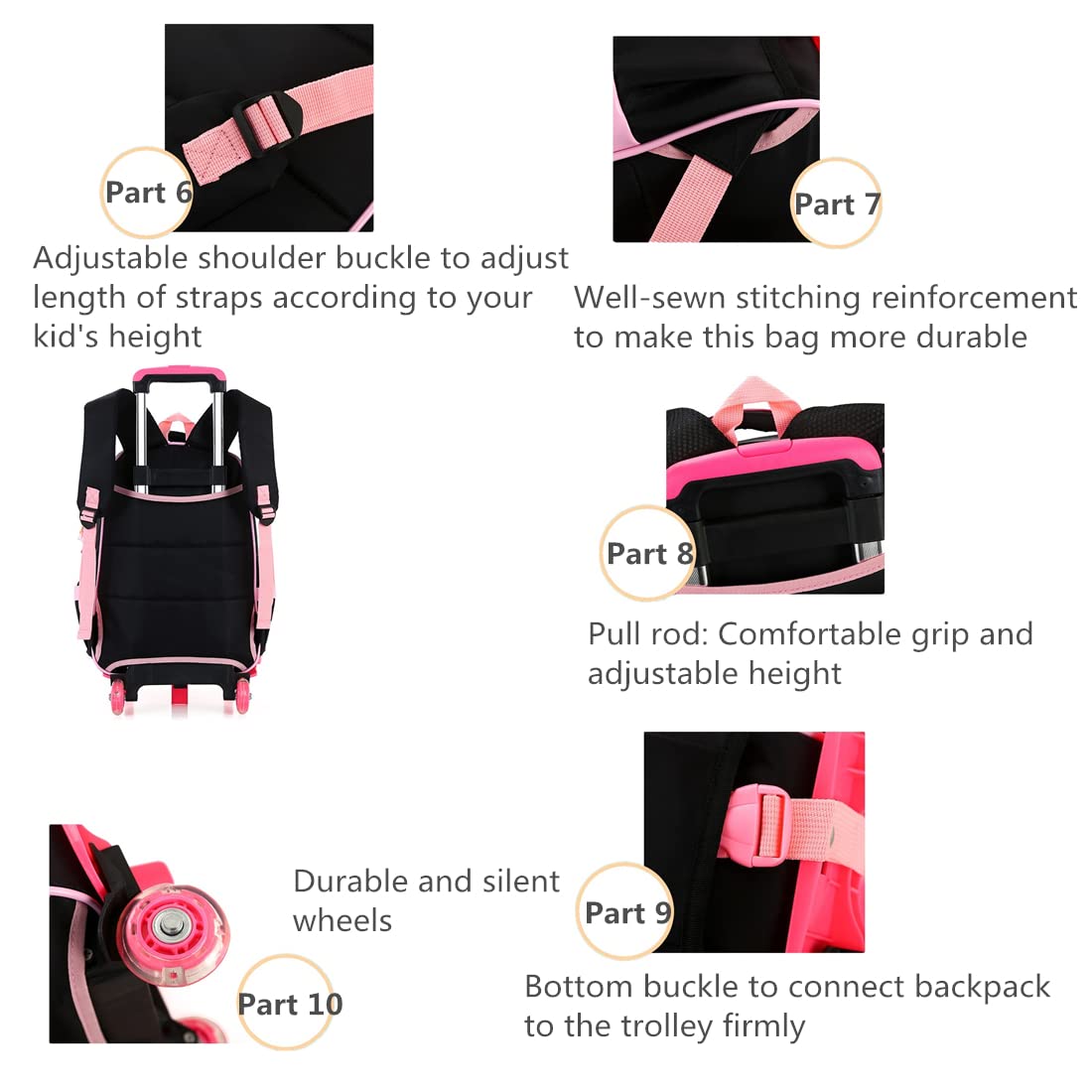 Bowknot Kids Rolling School Backpack 2Pcs Polka Dot Princess Style Trolley Bookbag on Two Wheels