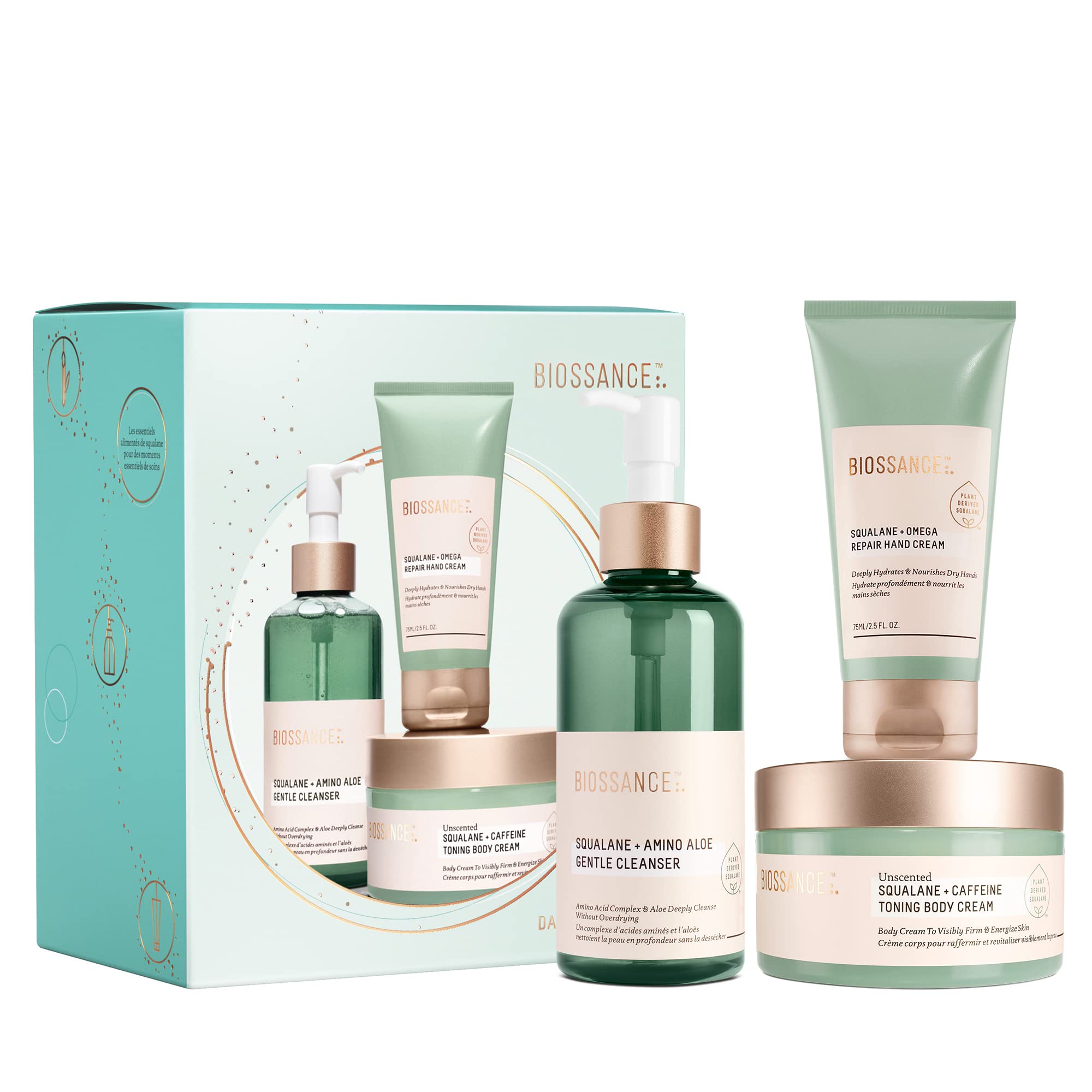 Biossance Daily Decadence Set. Full Size Squalane + Amino Aloe Gentle Cleanser (6.7 oz) with Omega Repair Hand Cream (2.5 oz) and Unscented Caffeine Toning Body Cream (6.7 oz)
