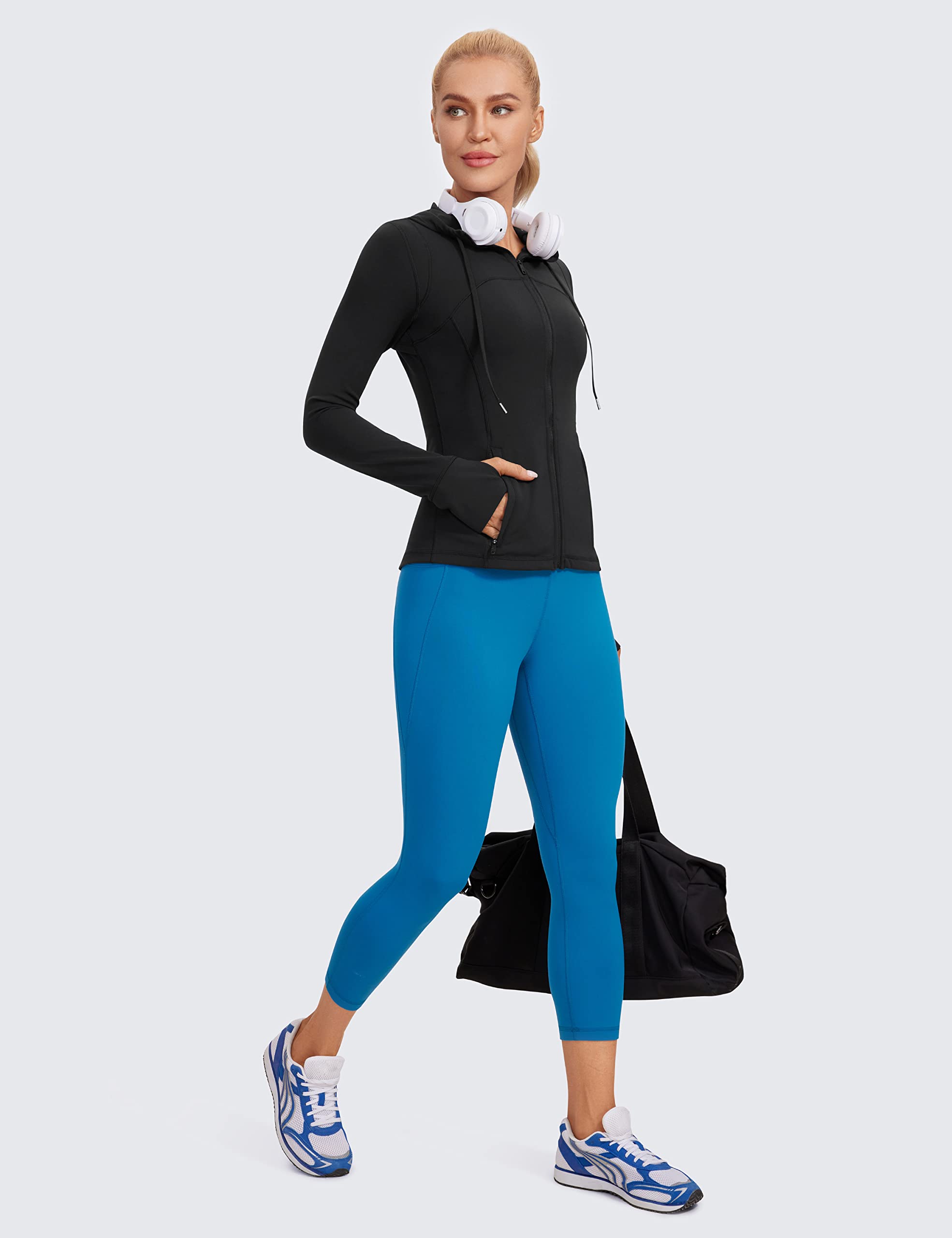 CRZ YOGA Butterluxe Womens Hooded Workout Jacket - Zip Up Athletic Running Jacket with Back Mesh Vent & Thumb Holes Taupe Large