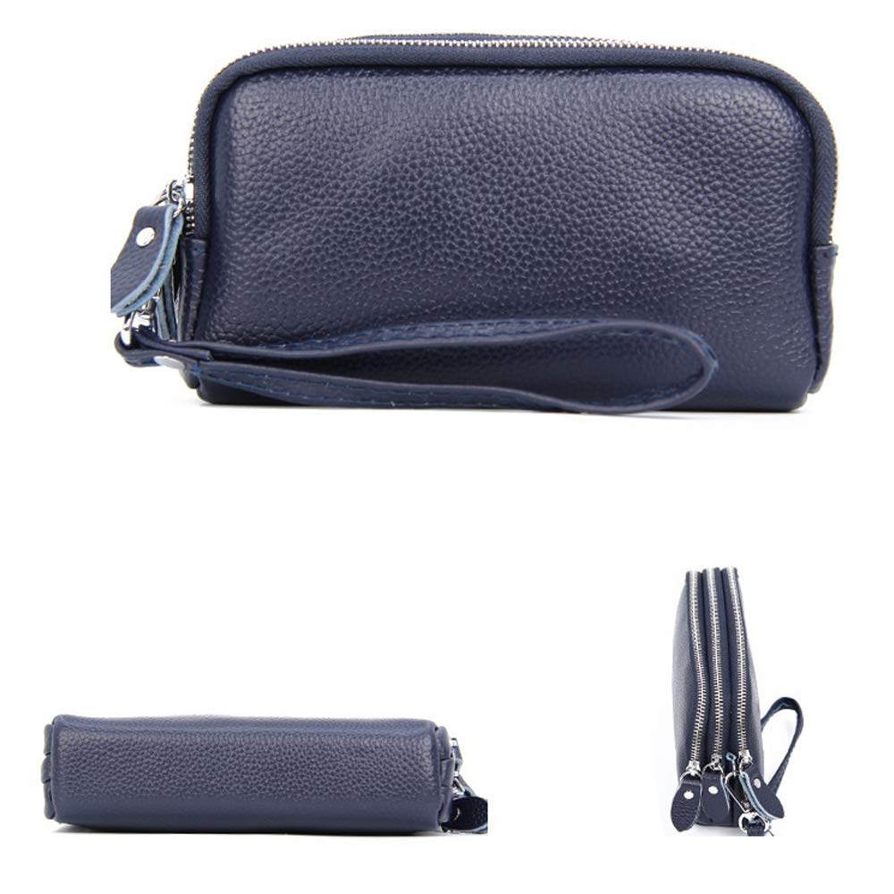 NIGEDU Women Long Wallet Genuine Leather 3-Layer Zipper Purse Bag Phone Bag Money Purses Clutch Wallets with Wrist Strap (Black)