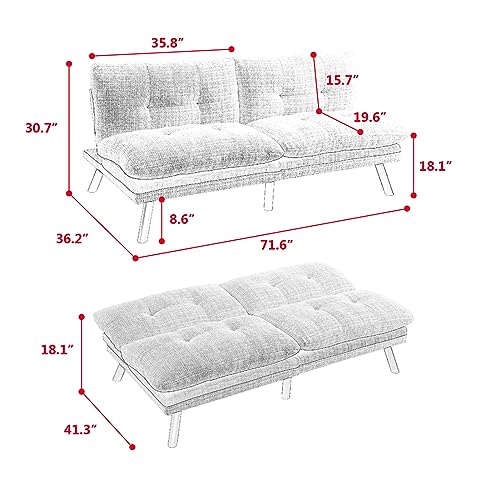 Futon Sofa Bed, Convertible Sleeper Sofa with Adjustable Backrest, Loveseat Futon Bed with Black Metal Legs, Breathable Lounge Couch for Apartment, Studio, Office, Small Space (Blue)