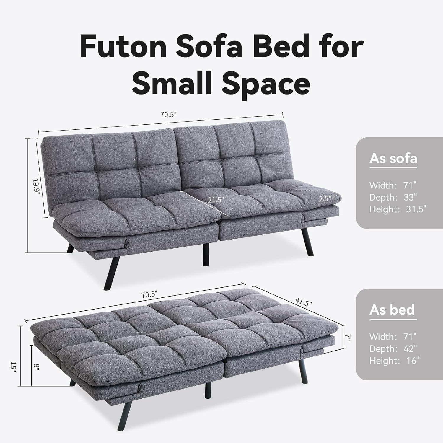 Hcore Futon Bed, Gray Mid-Century Modern Memory Foam Loveseat Sofas, French Grey