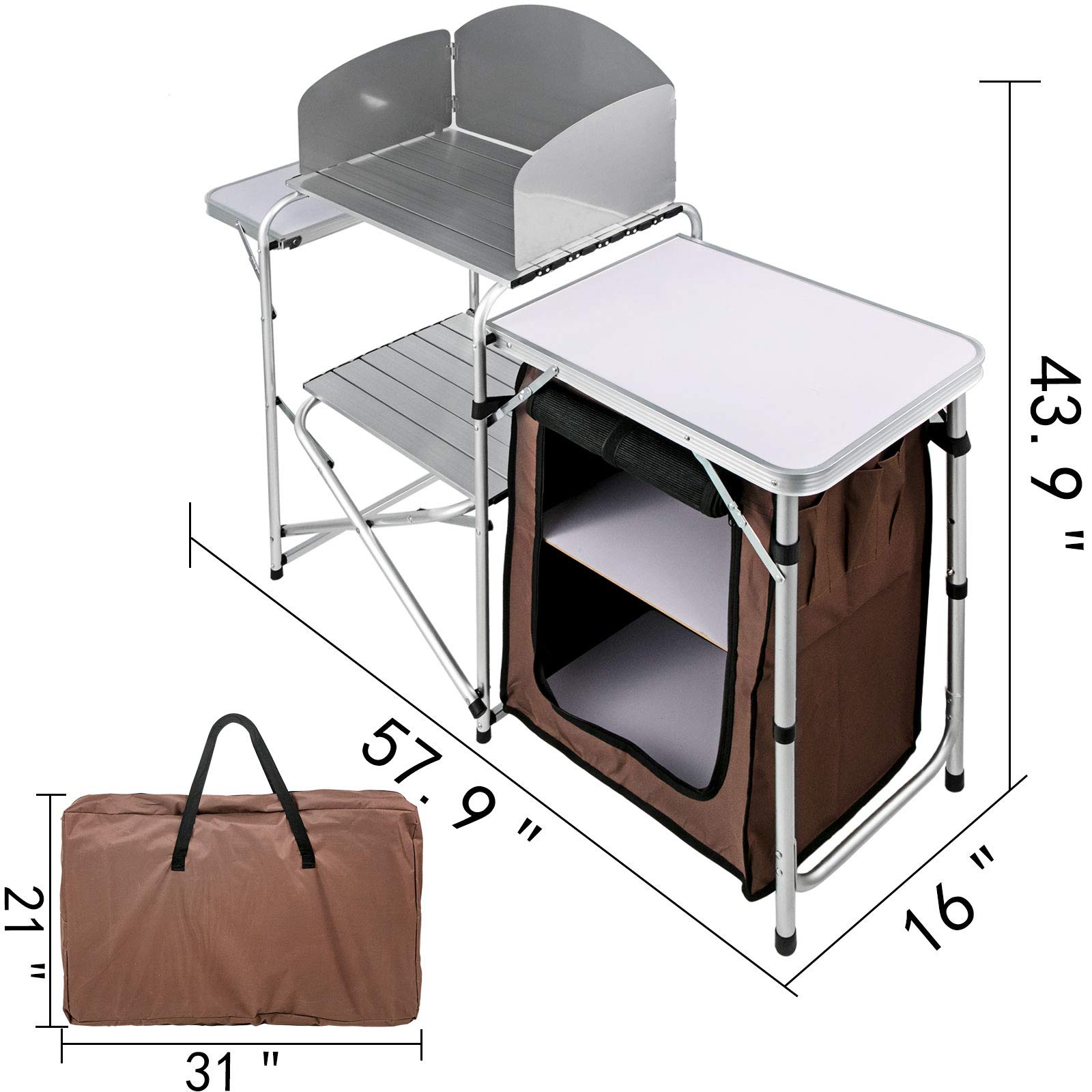 Camping Kitchen Table with Windscreen and Storage Organizer, Alunimum Folding Cook Table Lightweight Height Adjustable, Portable Camping Kitchen Brown for Outdoor Activities