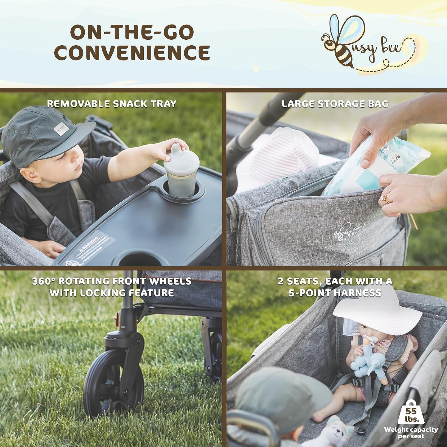 Busy Bee Foldable Wagon Stroller for 2 Kids, Push Pull Collapsible Kids Wagon with Adjustable Handle Bar, Removable Canopy, 5-Point Harness, Shock-Absorbing Wheels, Grey
