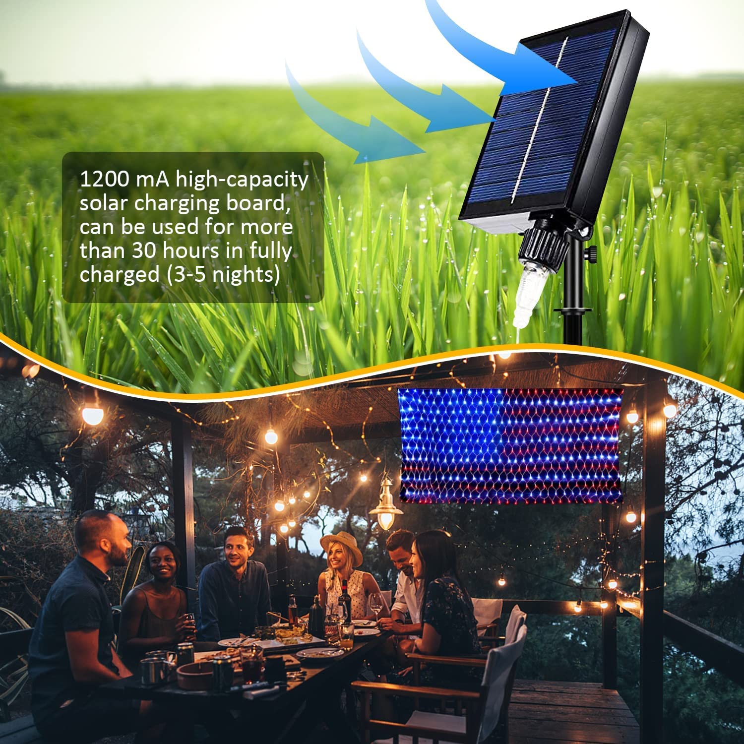 MUYUN American Flag Lights Solar Powered&Plug-in, 420LED Flag Net Light with Remote, 8 Modes Fairy String Light for Christmas Decorations Party Home Decor July 4th Independence Day